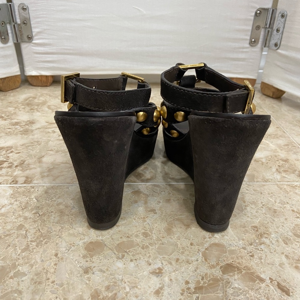 Tory Burch Suede Gold Studded Wedges With Straps. Bro… - Gem